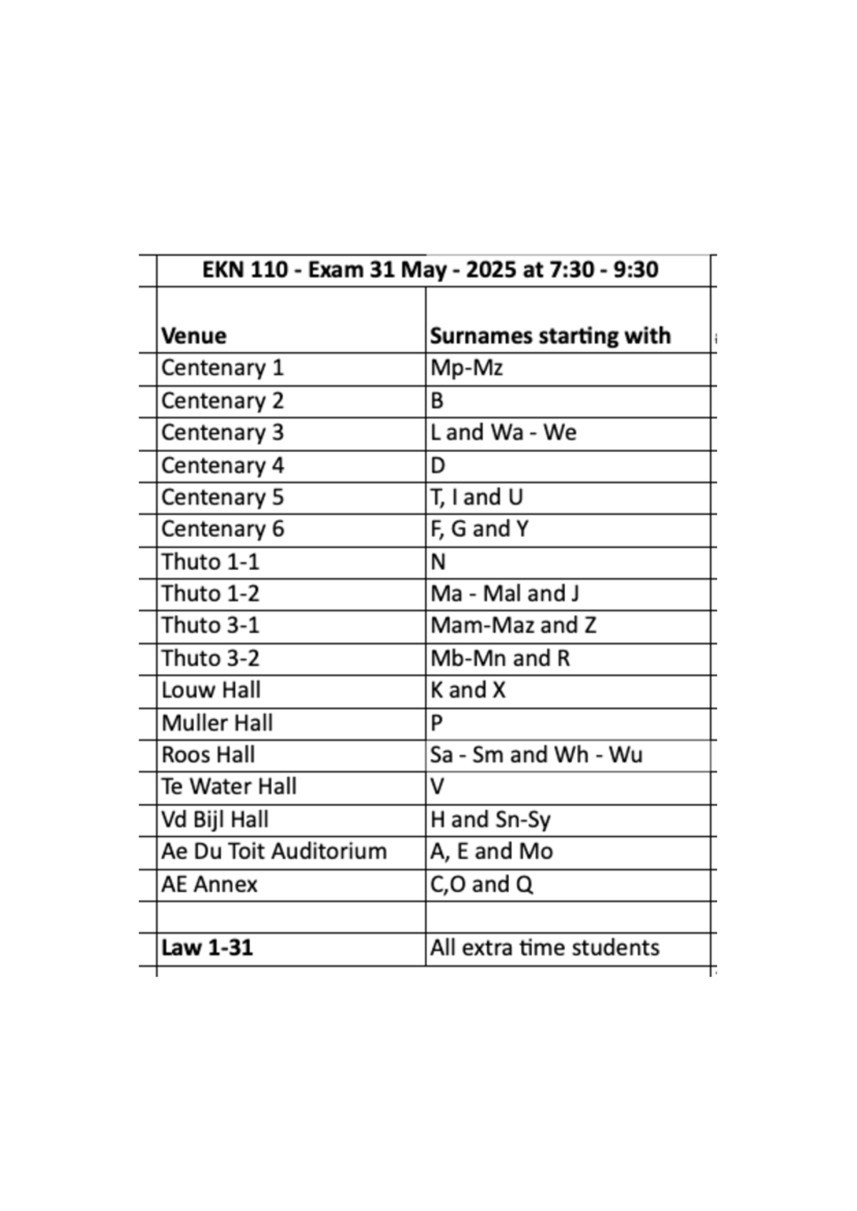 EKN 110 - 2025 Final Exam Venues and Surname Allocations - Studocu