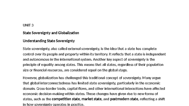 UNIT 3 - Understanding State Sovereignty in a Globalized World - Studocu
