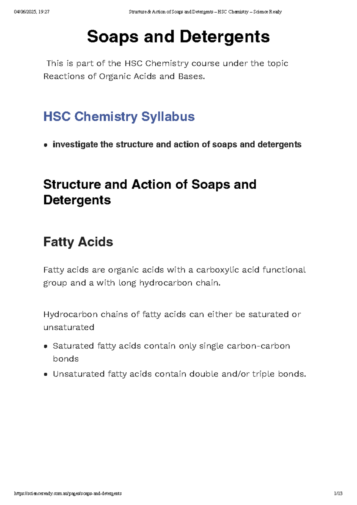 Structure & Action of Soaps and Detergents - HSC Chemistry Notes - Studocu