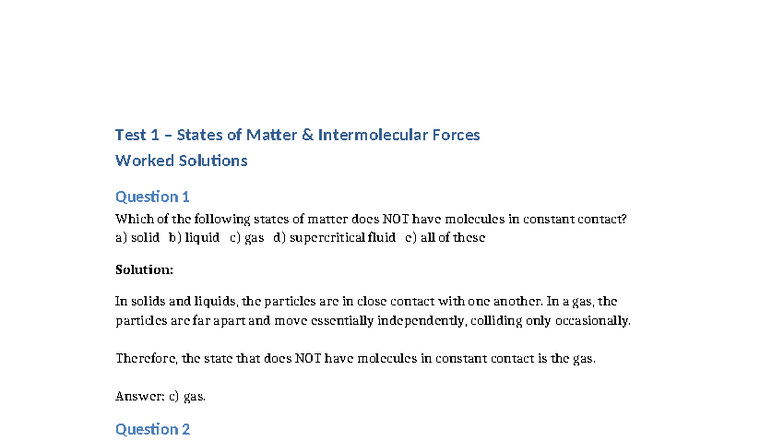 Test 1 Solutions: States of Matter & Intermolecular Forces - Studocu