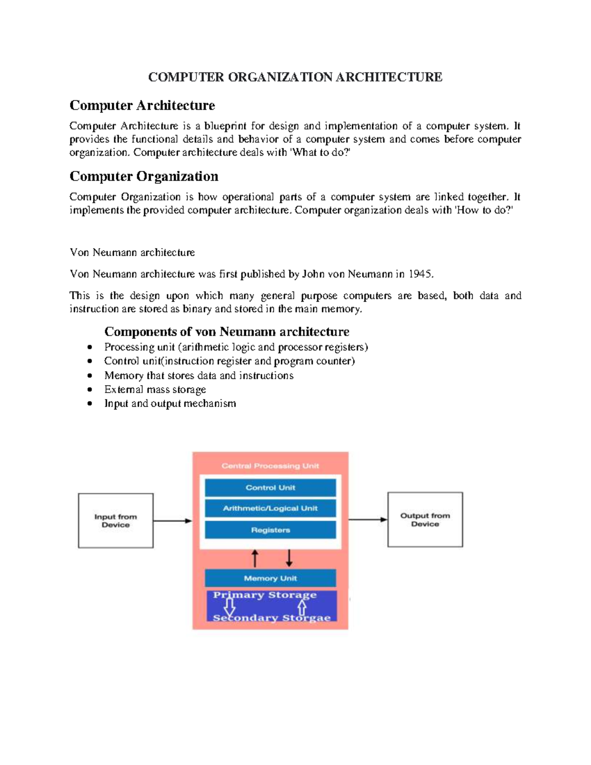 Introduction to Computer Organization & Architecture (COA 101) - Studocu