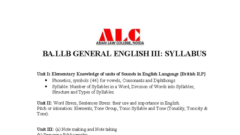 BA.LLB General English III Syllabus: Phonetics, Communication & Literature - Studocu