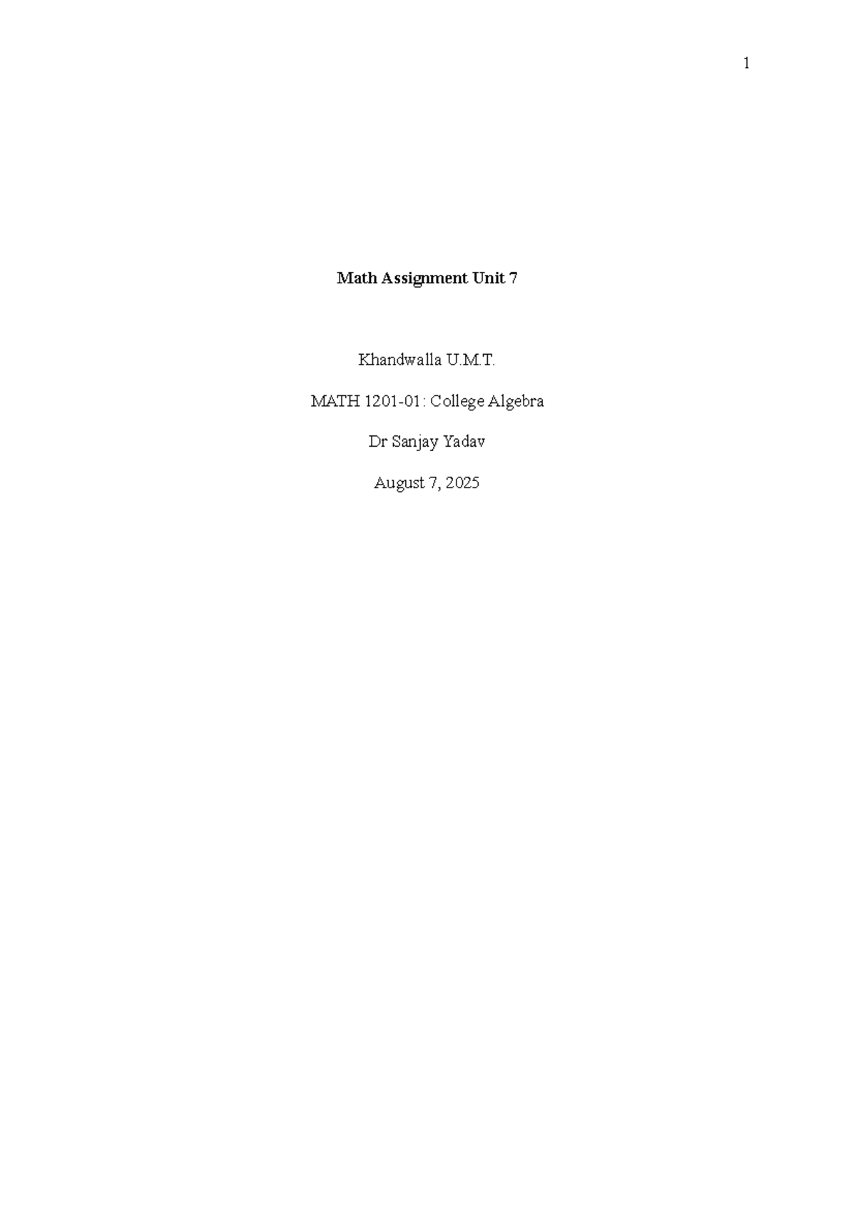 MATH 1201-01 Final Math Assignment for Unit 7 - Studocu