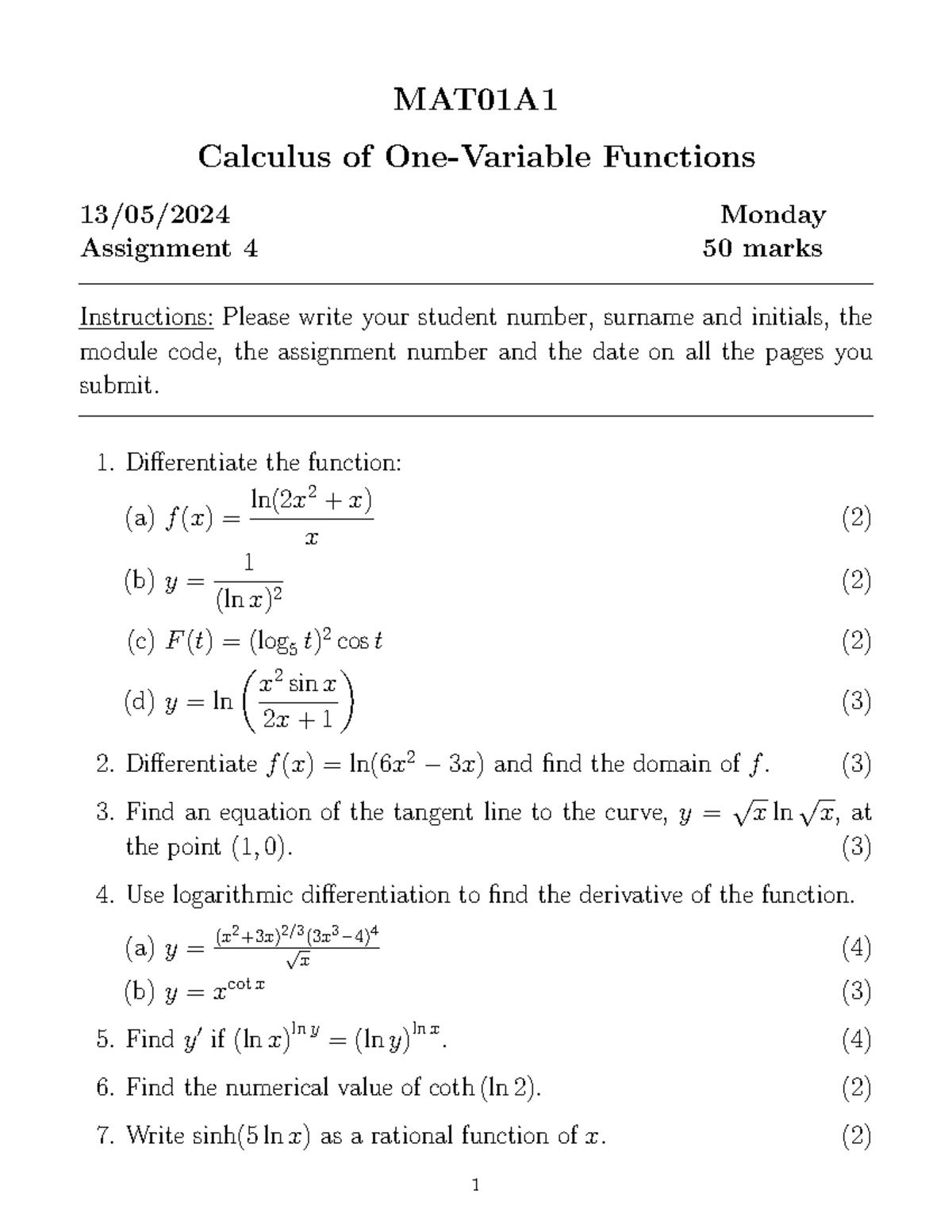 MAT01A1 Assignment 4 2024 - MAT01A Calculus of One-Variable Functions ...