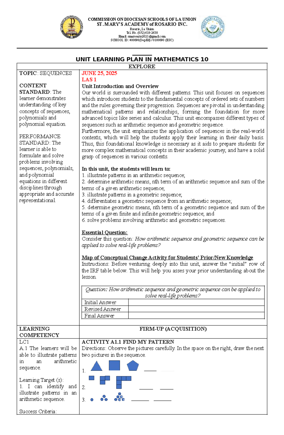 Q1-UNIT-LEARNING-PLAN-IN-MATH-10: SEQUENCES & POLYNOMIALS - Studocu