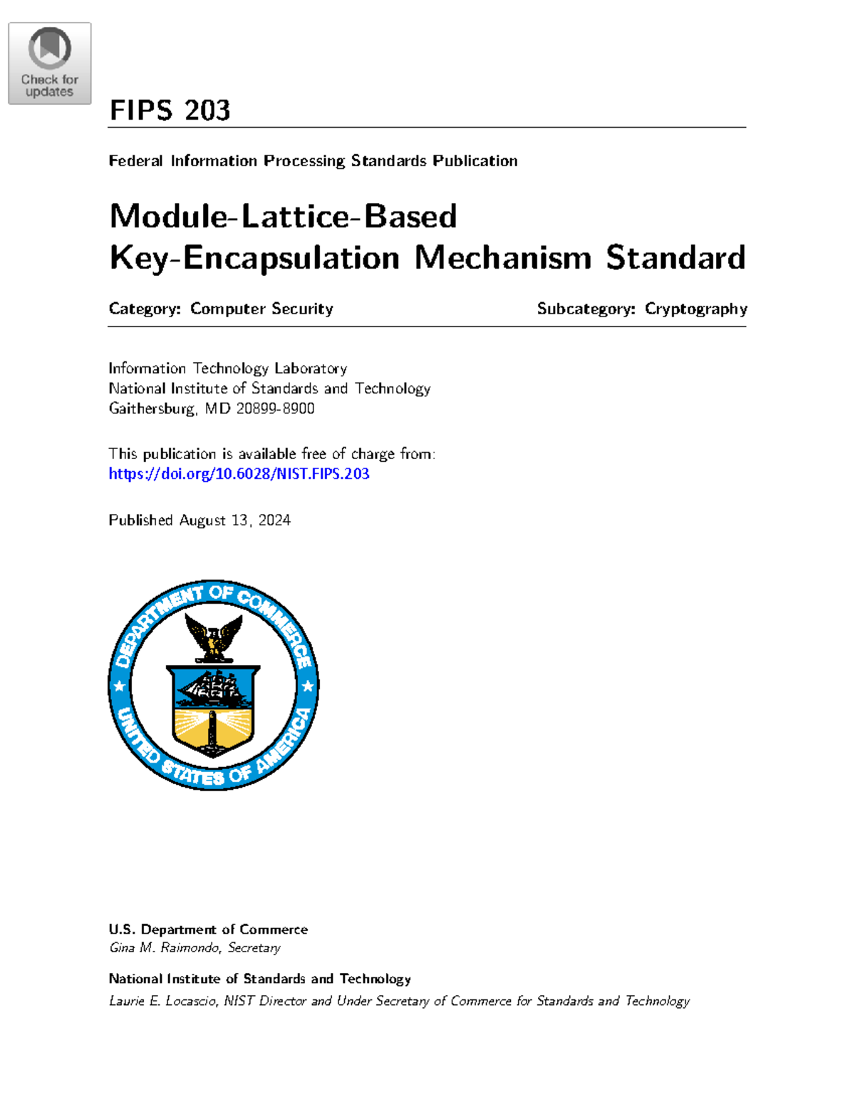 FIPS 203: Mechanism Standard for Cryptography and Computer Security ...