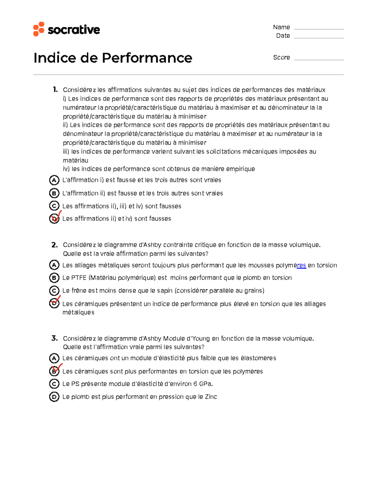 Quiz Indice de Performance - Name Date Indice de Performance Score 1 ...