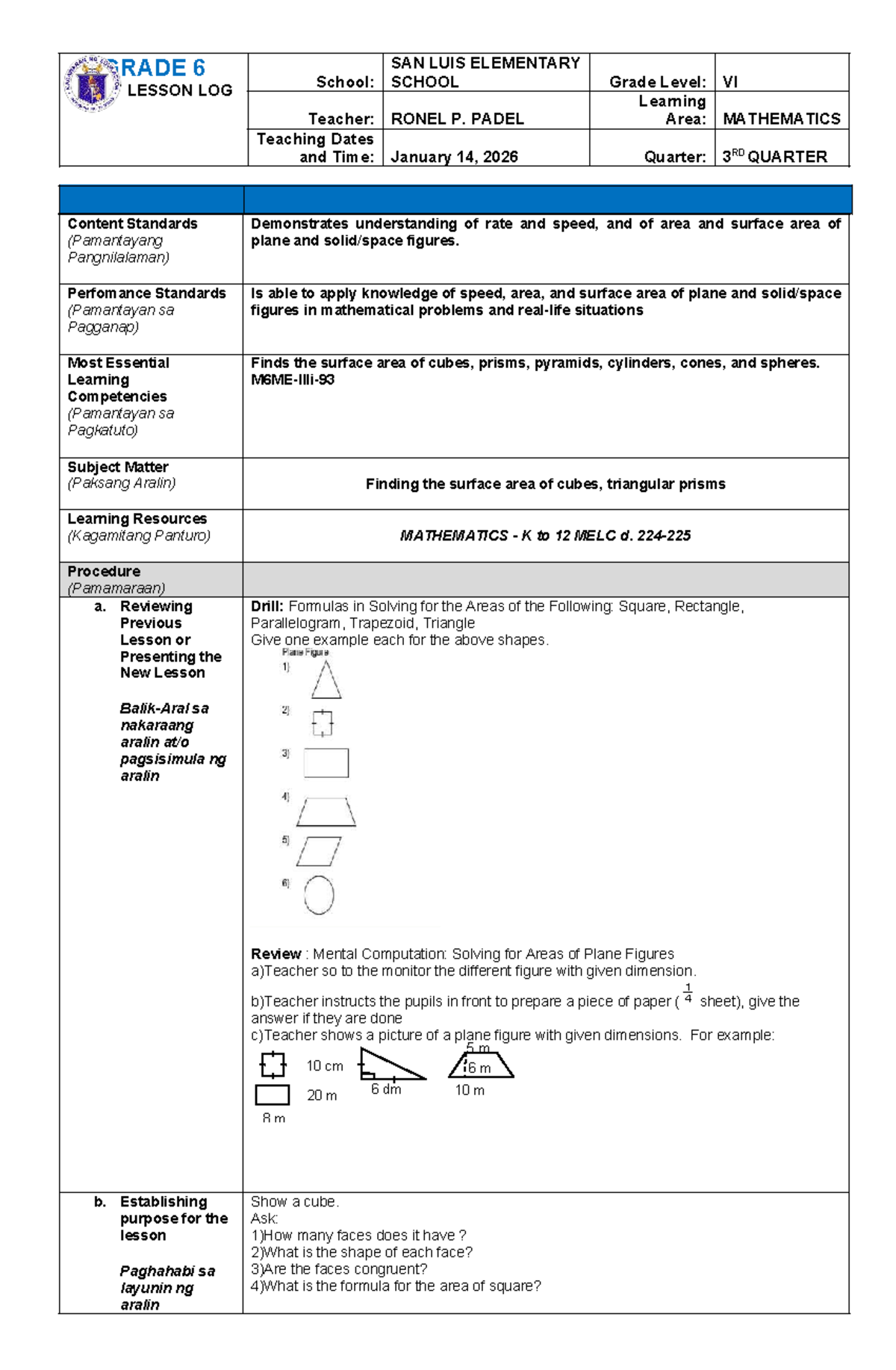Grade 6 Math Lesson Log: Finding Surface Area of Solid Figures - Studocu