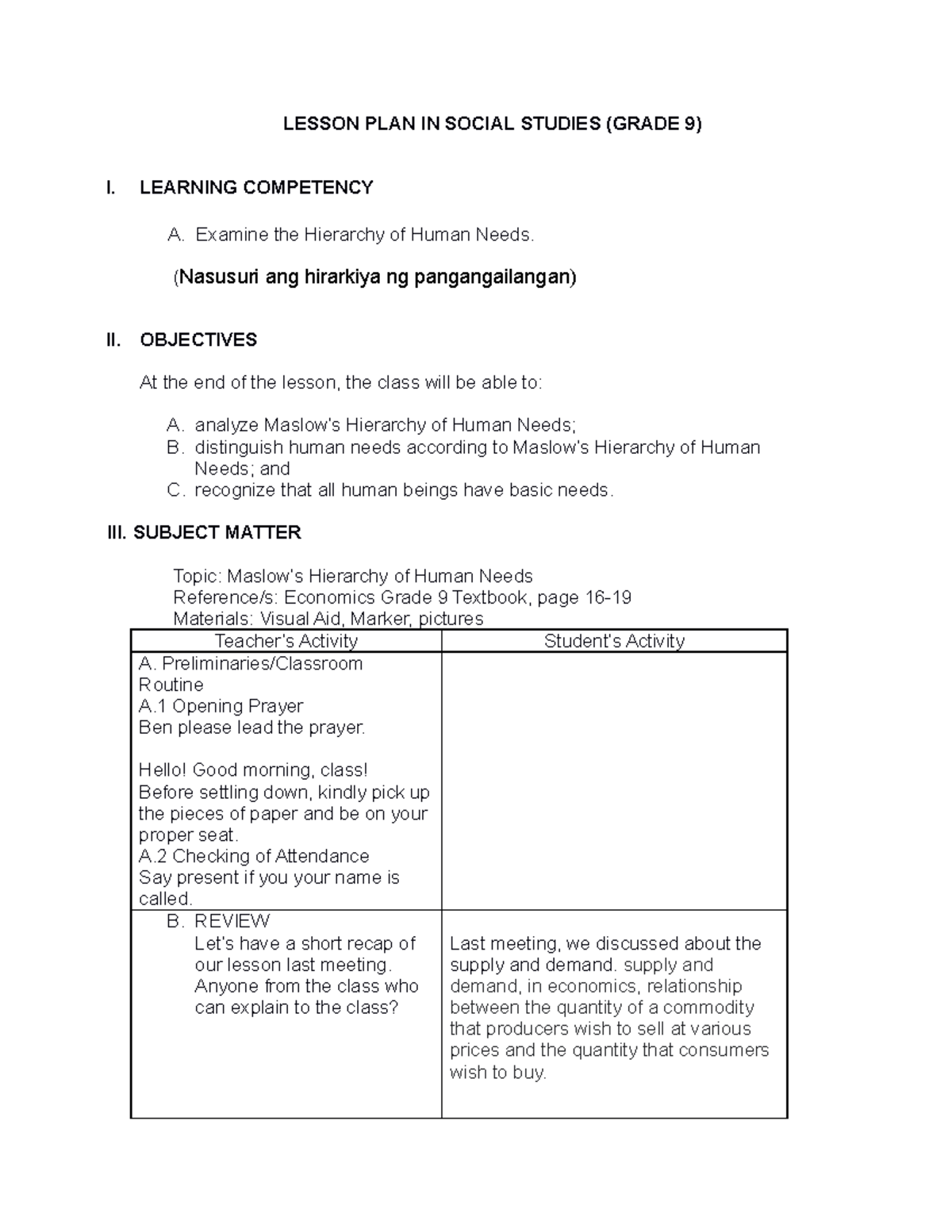 SST 322 Detailed Lesson Plan on Maslow's Hierarchy of Needs - Studocu