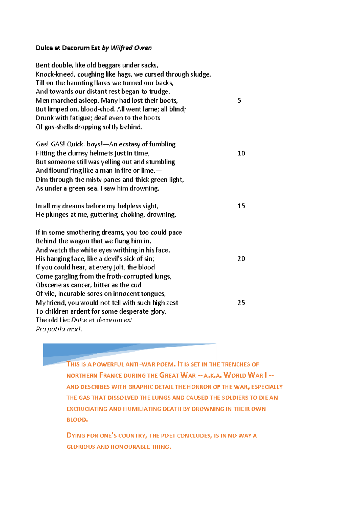 Dulce et Decorum Est Analysis: A Study of Wilfred Owen's Poem - Studocu