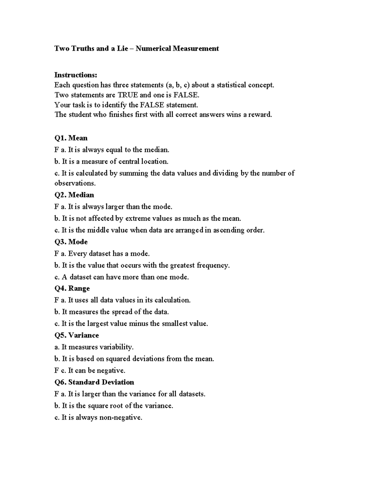 Statistical Concepts: Two Truths and a Lie Instructions (MATH101) - Studocu