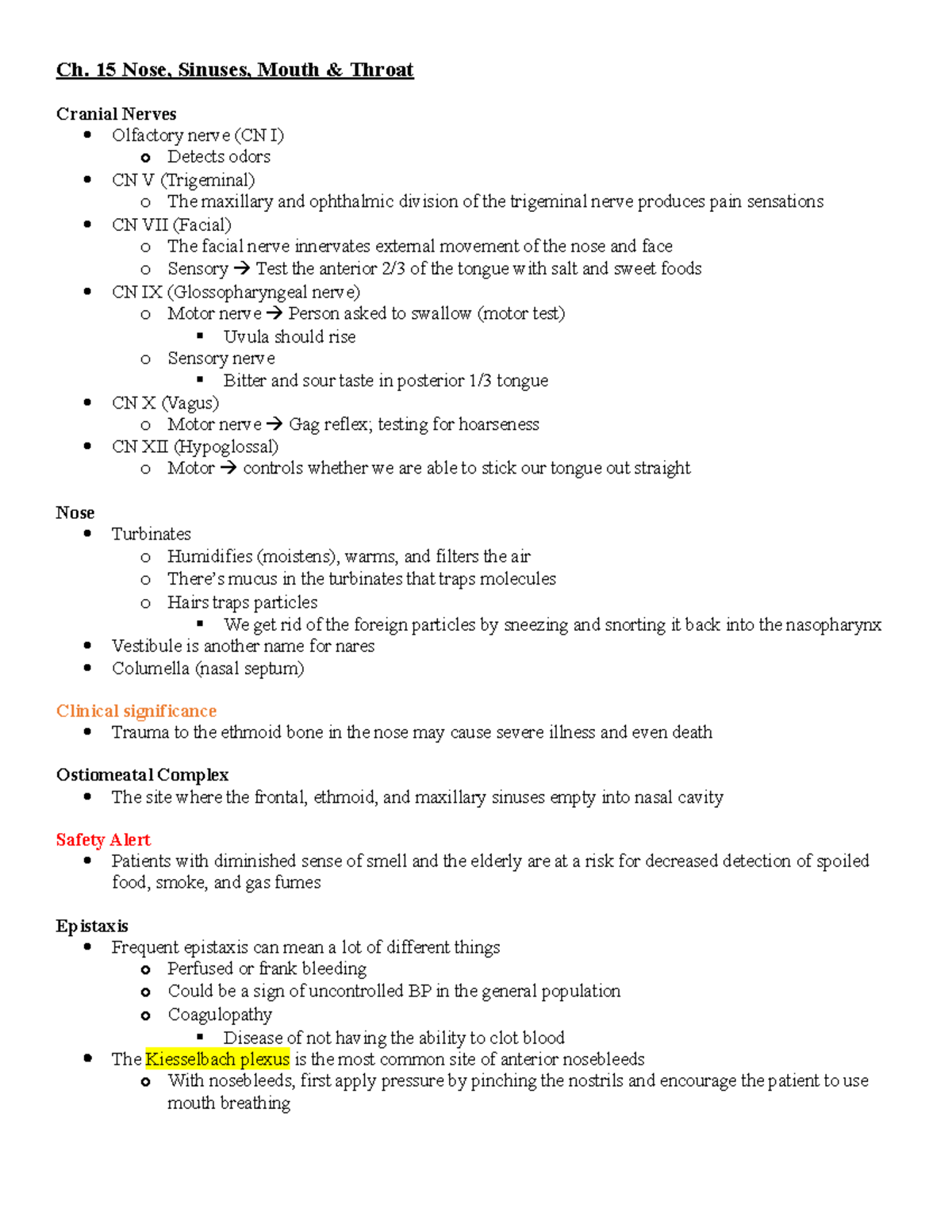 Ch. 15 Mouth, Nose, Throat Notes - Ch. 15 Nose, Sinuses, Mouth & Throat ...
