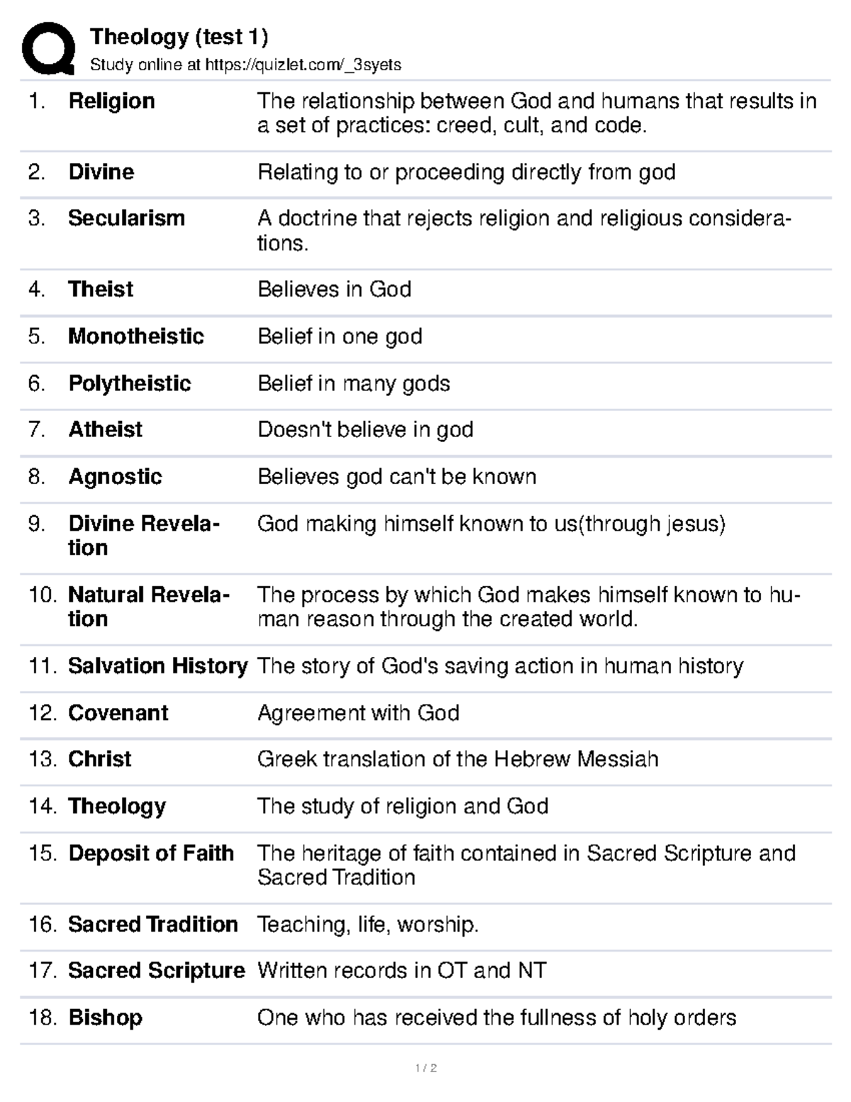 Theology Test 1 Study Notes: Key Concepts and Terms - Studocu
