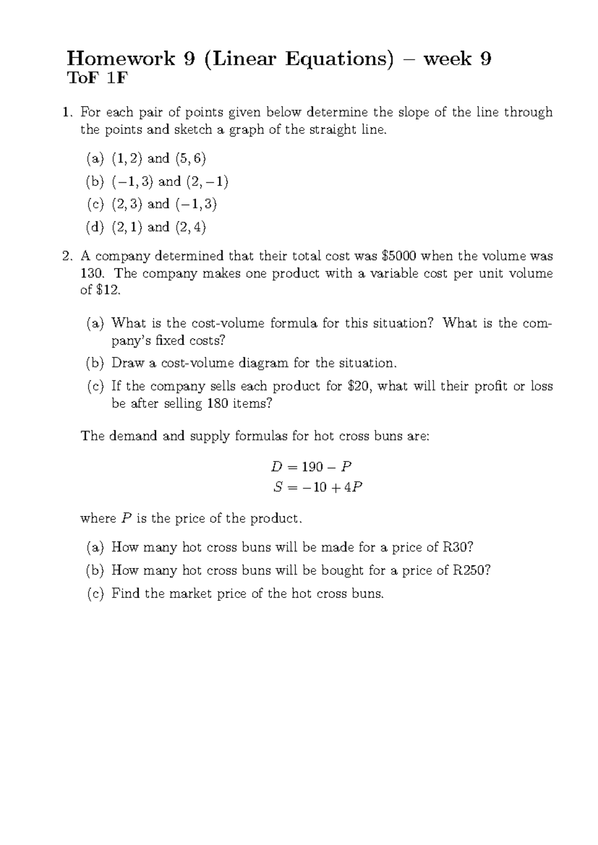 Homework 9: Linear Equations & Cost Analysis (ToF 1F 1) - Studocu