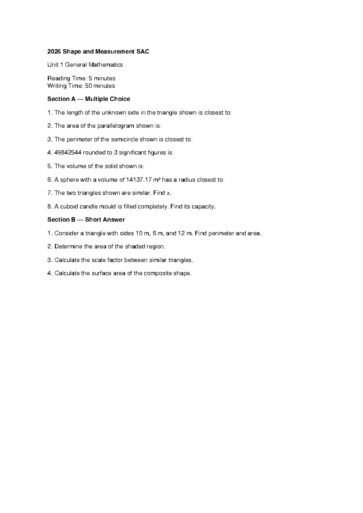 2026 General Mathematics Unit 1 Shape Measurement SAC Notes - Studocu