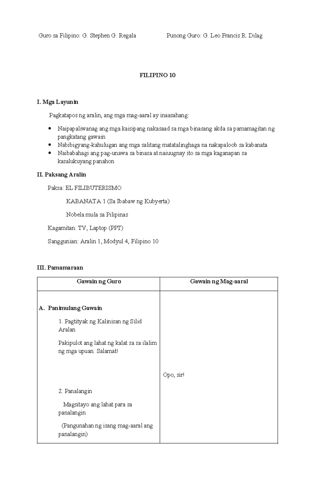 Detailed Lesson Plan: El Filibusterismo Kabanata 1 - FILIPINO 10 - Studocu