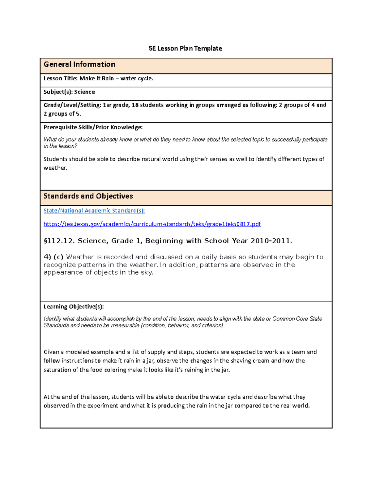 1st Grade Science Lesson Plan: Make It Rain – Understanding the Water ...