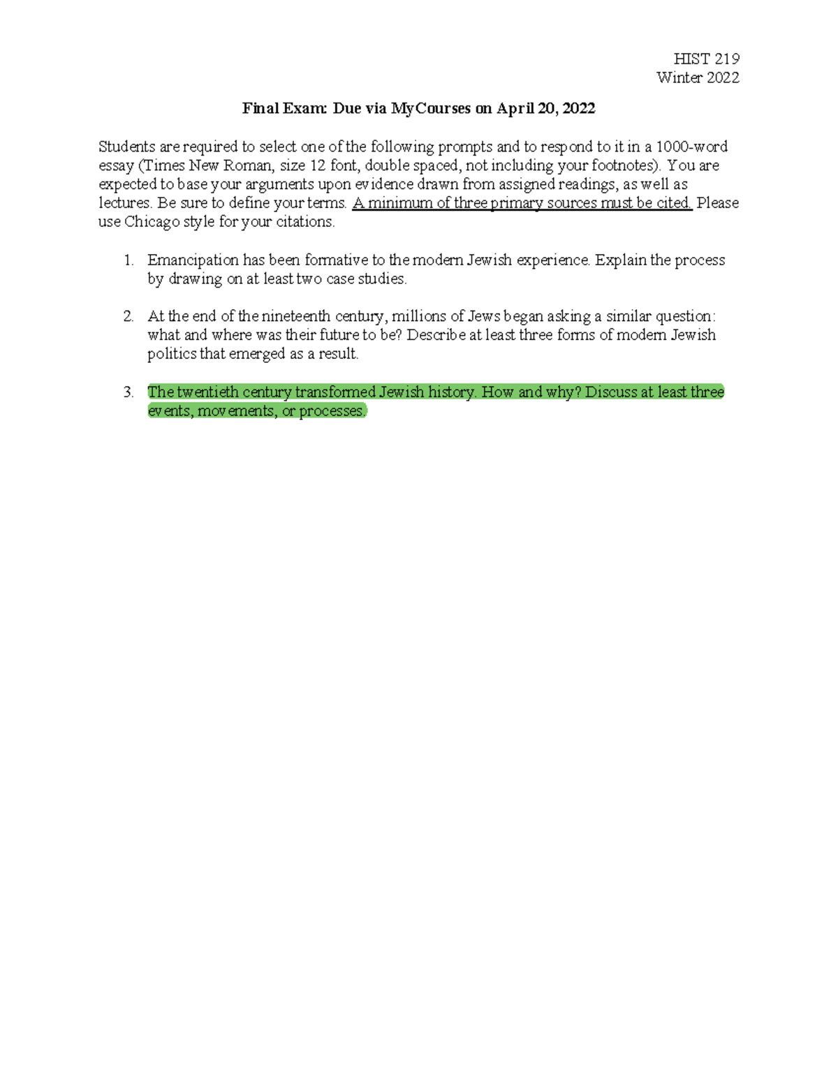 HIST 219 - Final Exam Essay Prompts - Winter 2022 - Studocu