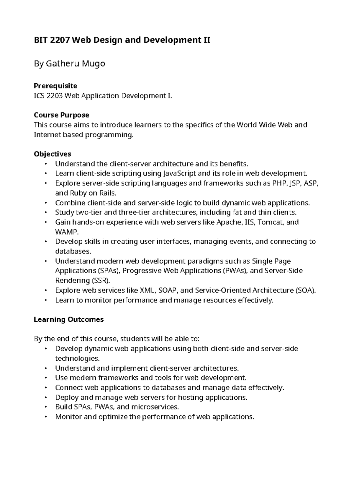 BIT 2207 Web Design & Development II - Course Overview and Objectives ...