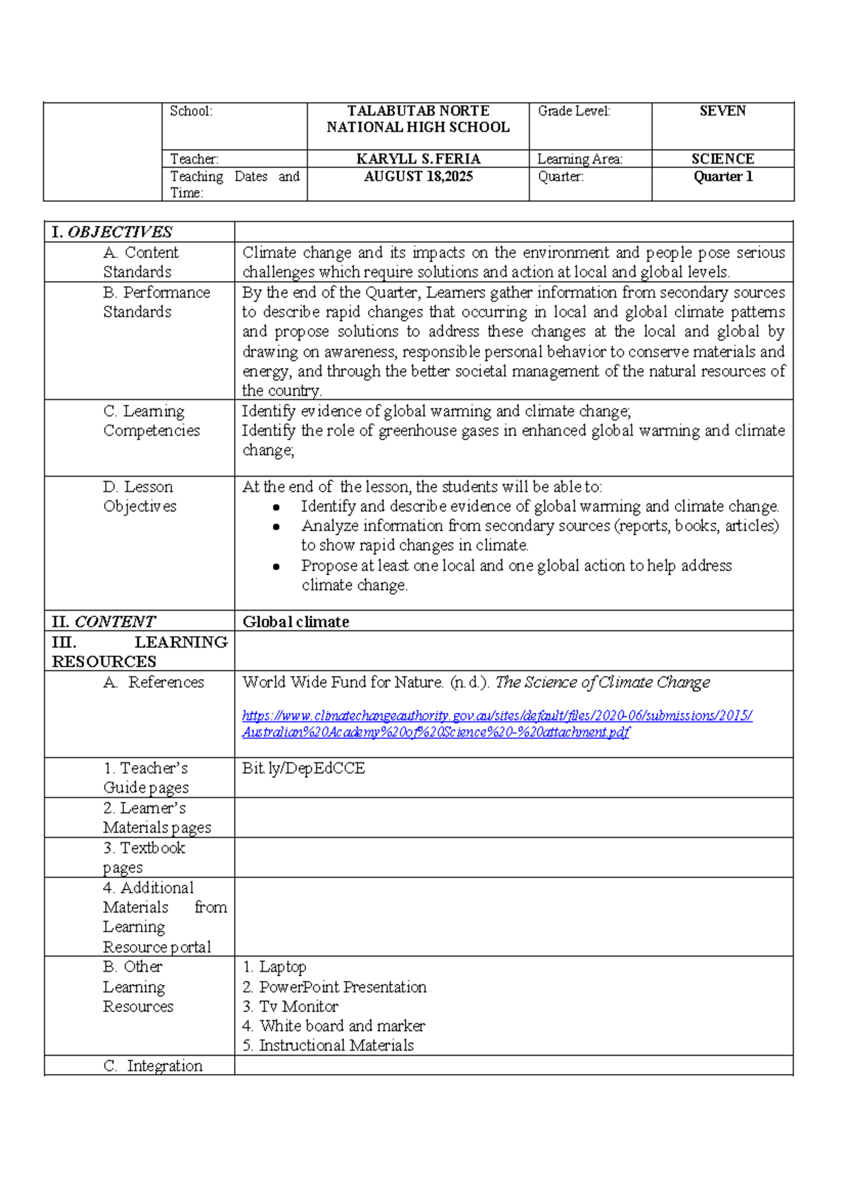 7 ES DLP: Lesson Plan on Climate Change and Its Impact - Studocu