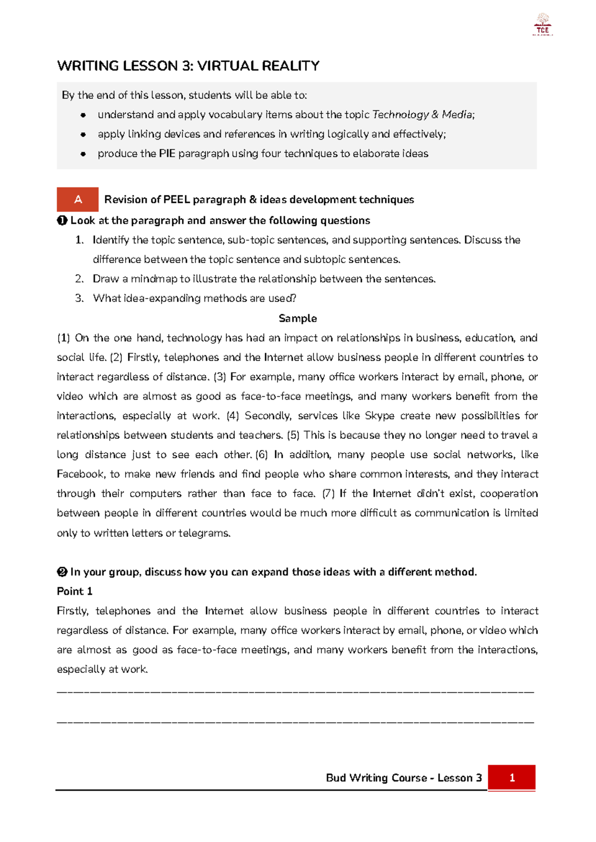 TCE Writing Lesson 3: Enhancing Coherence in Virtual Reality Writing ...