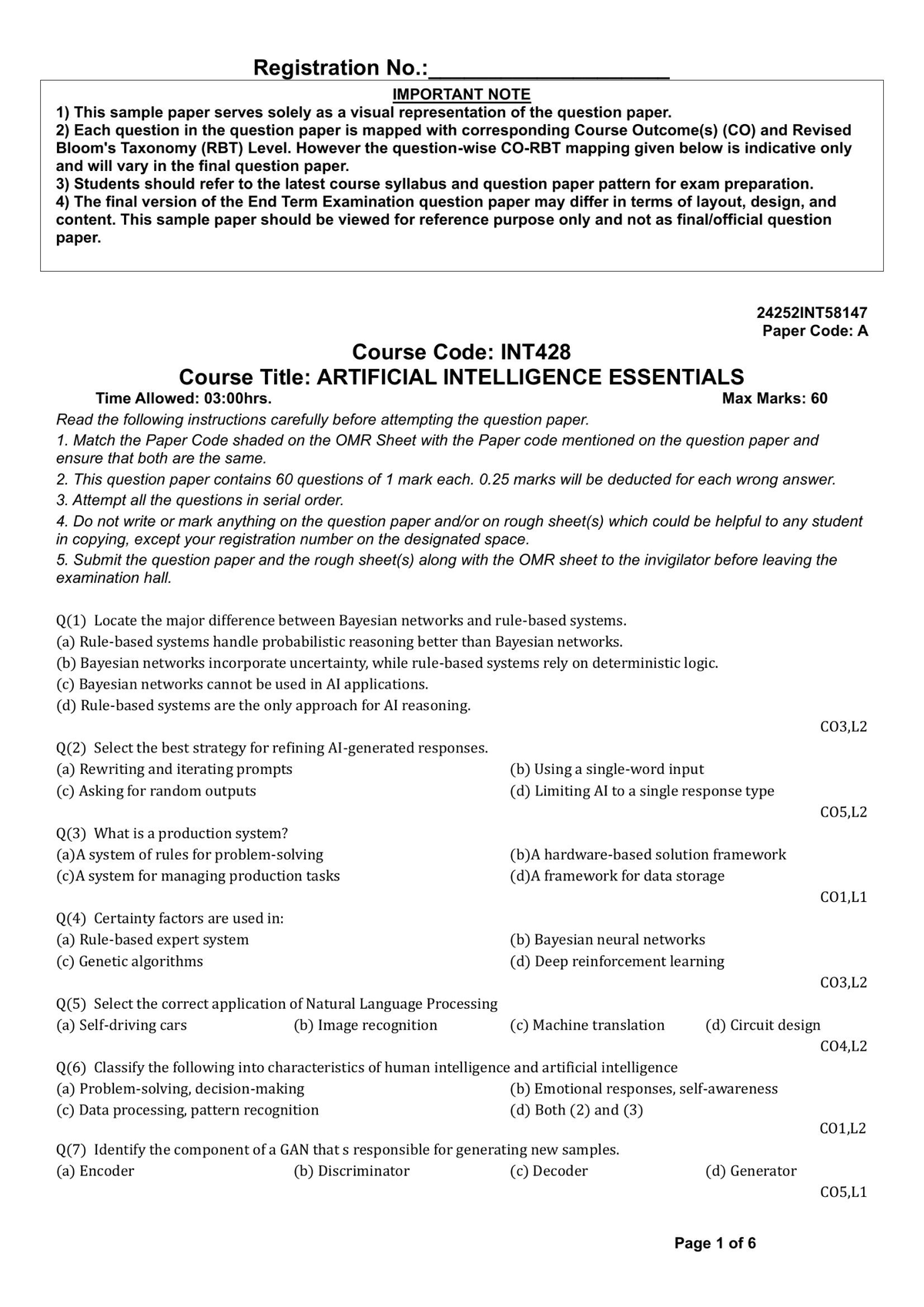 INT428 Final Exam Sample Paper: AI Essentials Overview - Studocu