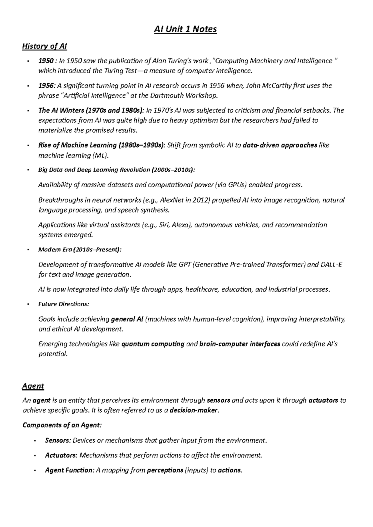 AI Unit 1 notes - AI Unit 1 Notes History of AI • 1950 : In 1950 saw ...