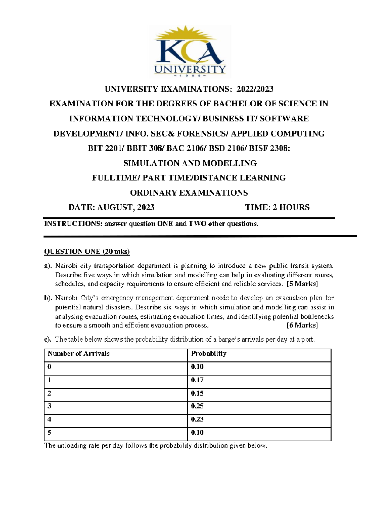 BIT 2201 - Past Exam Paper: Simulation & Modelling Techniques - Studocu