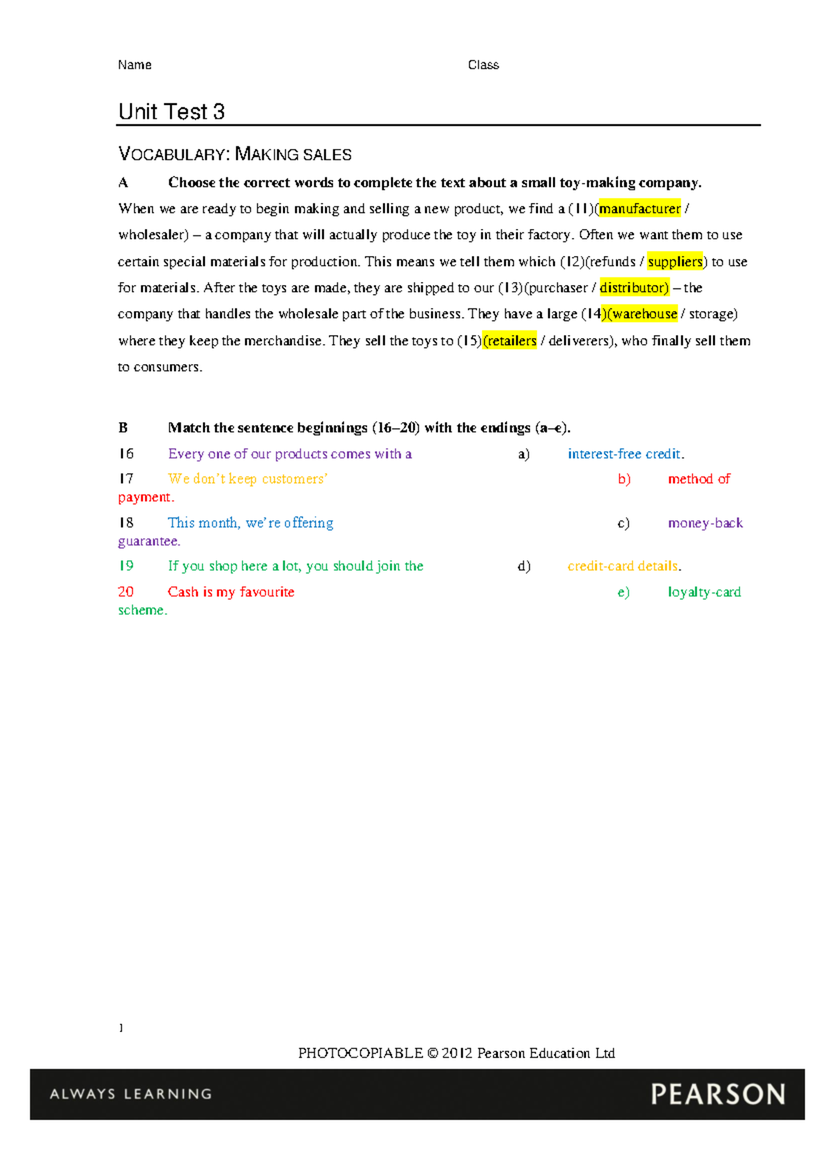Pre-Inter Unit-test 03 - Name Class 1 PHOTOCOPIABLE © 2012 Pearson ...