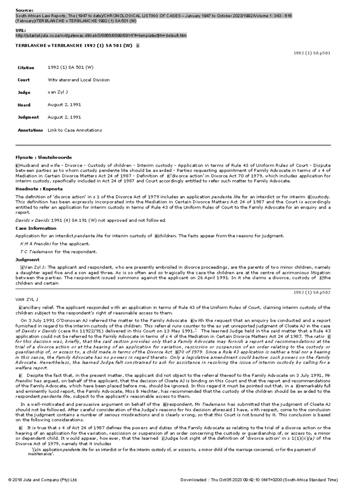 Terblanche v Terblanche 1992 (1) SA 501 (W): Divorce Custody Case ...