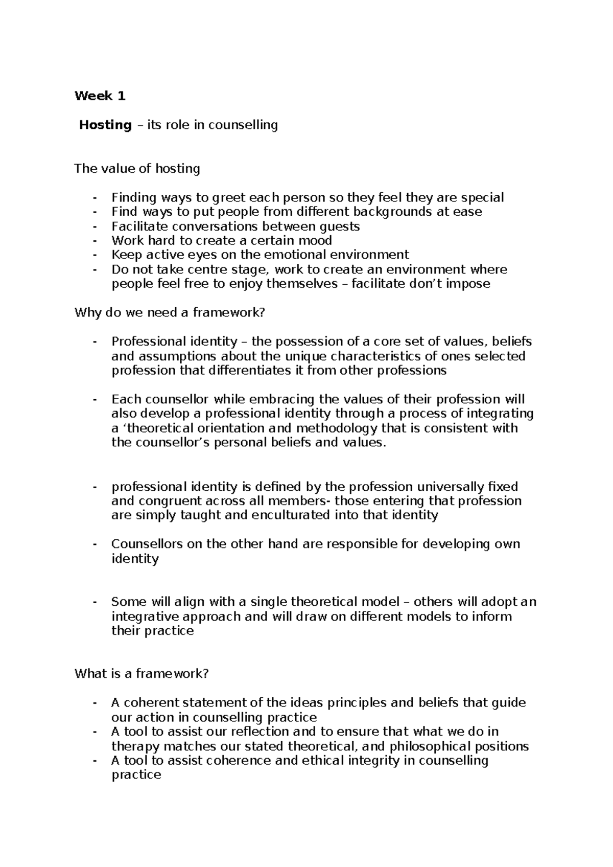 Week 1 Counselling Framework: Hosting, Identity, and Values Insights ...
