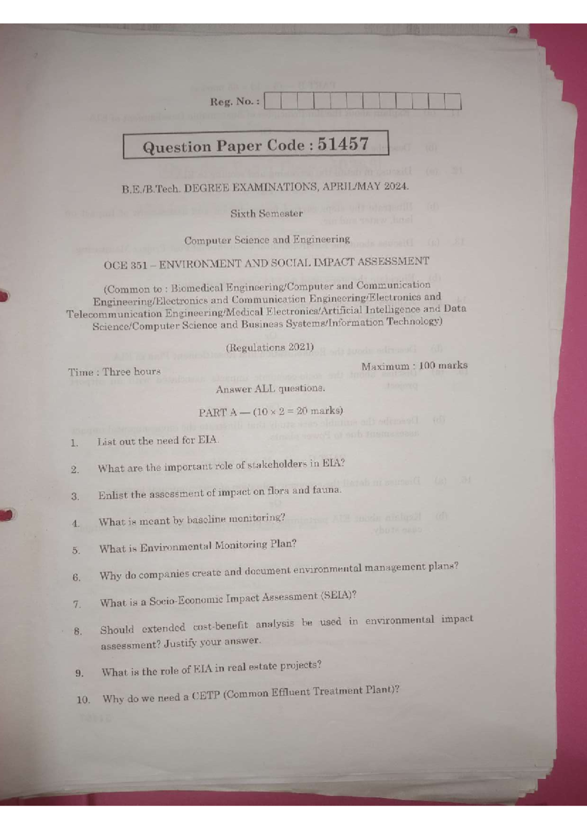 OCE 351 environment and social impact assessment question paper, 2024 ...