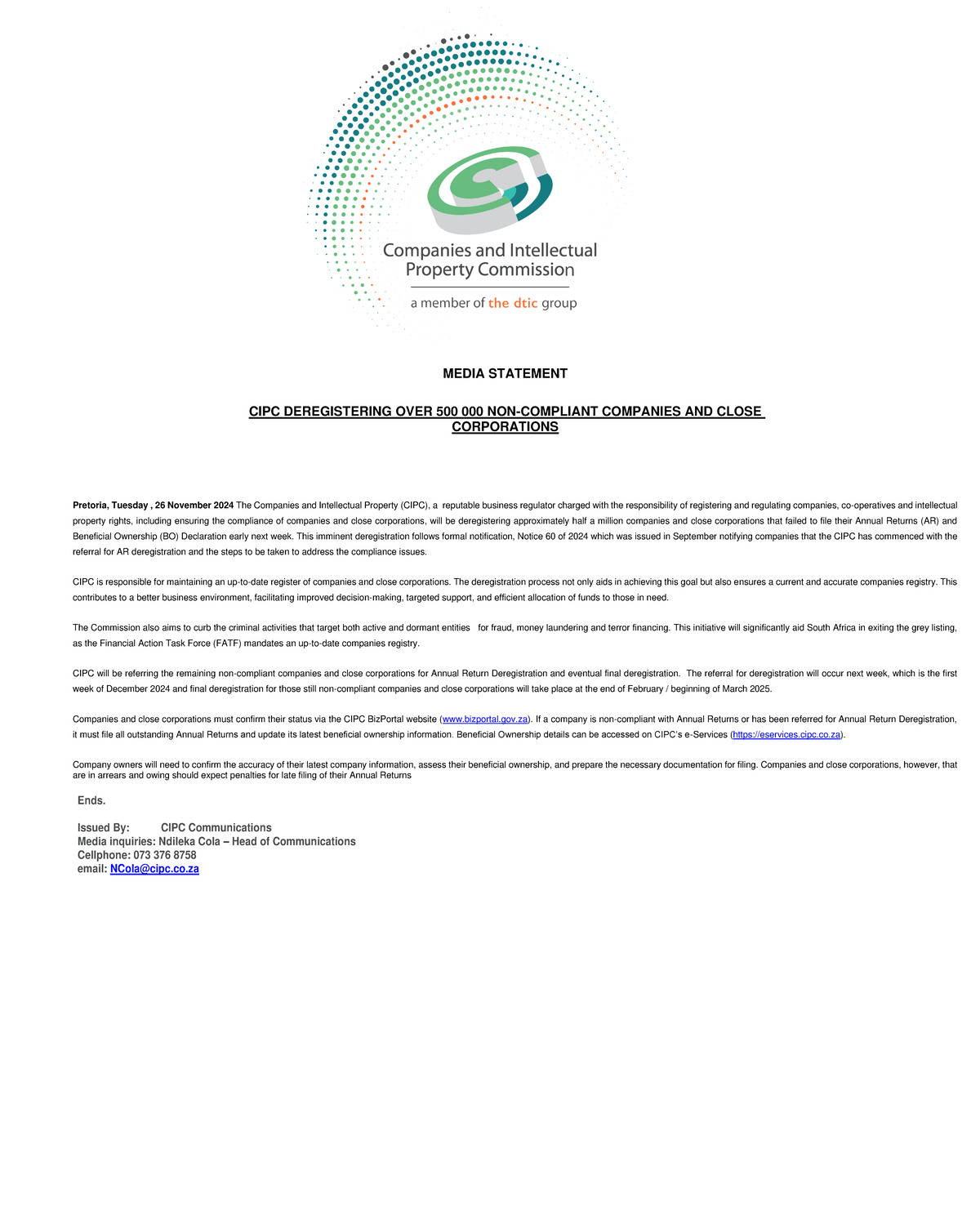 CIPC Media Statements Deregistration for Non Compliance approved copy ...