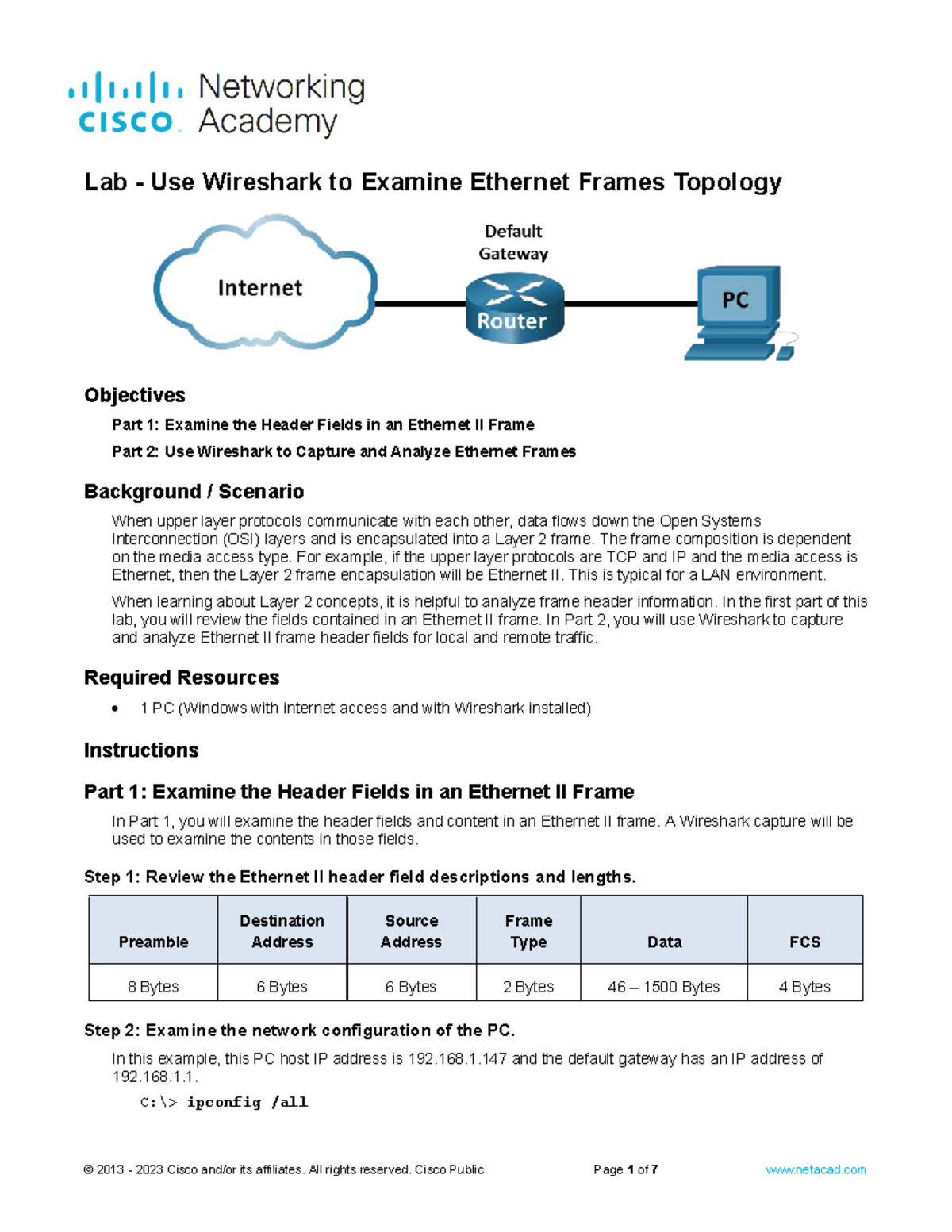 Lab 7.1.6: Analyzing Ethernet Frames with Wireshark - Studocu