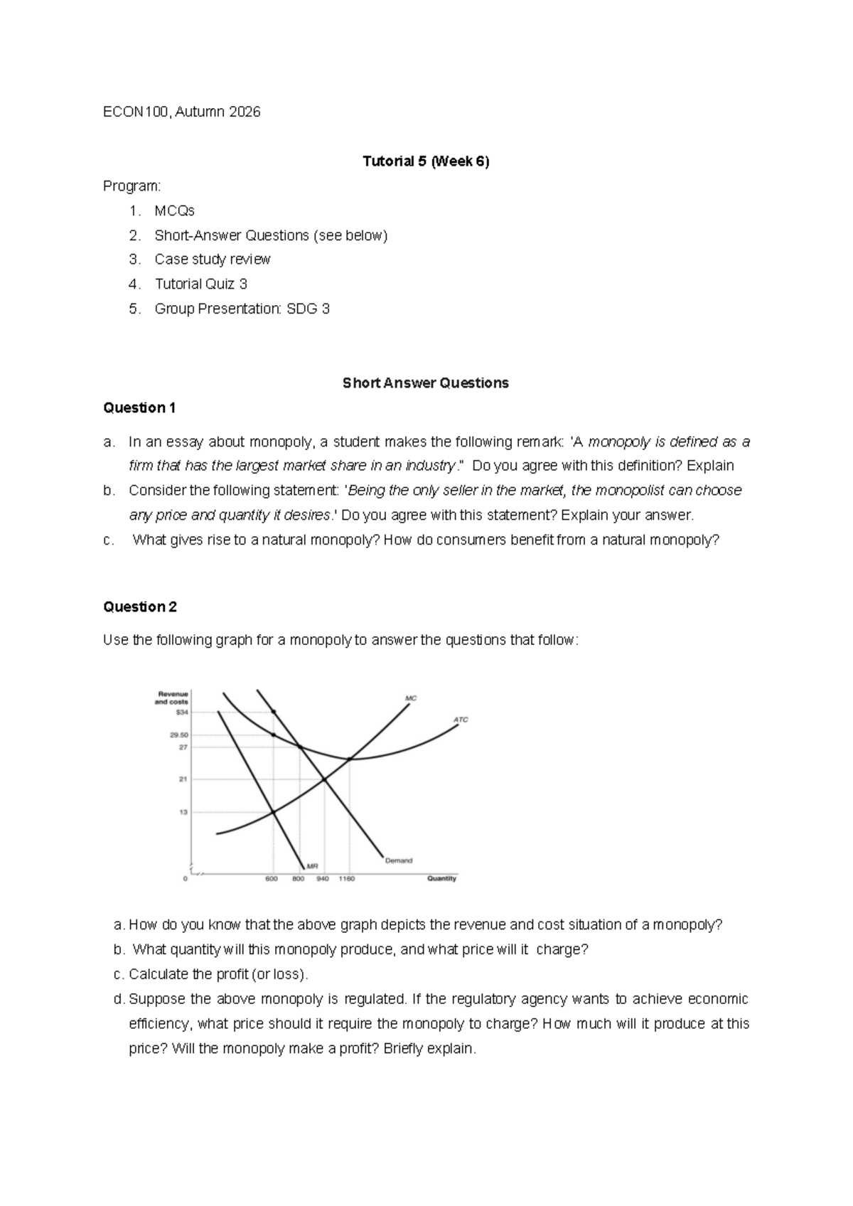 ECON100: Autumn 2026 Week 6 Tutorial 5 Questions & Case Study Review ...