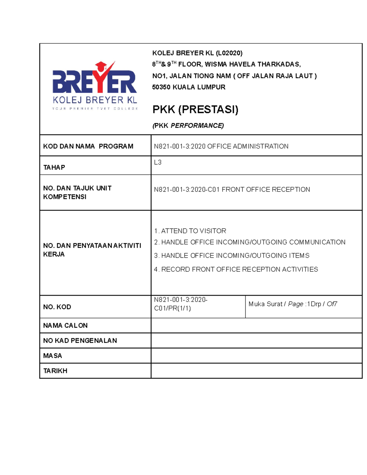 PKK Performance Assessment N821-001-3:2020 Front Office Tasks - Studocu