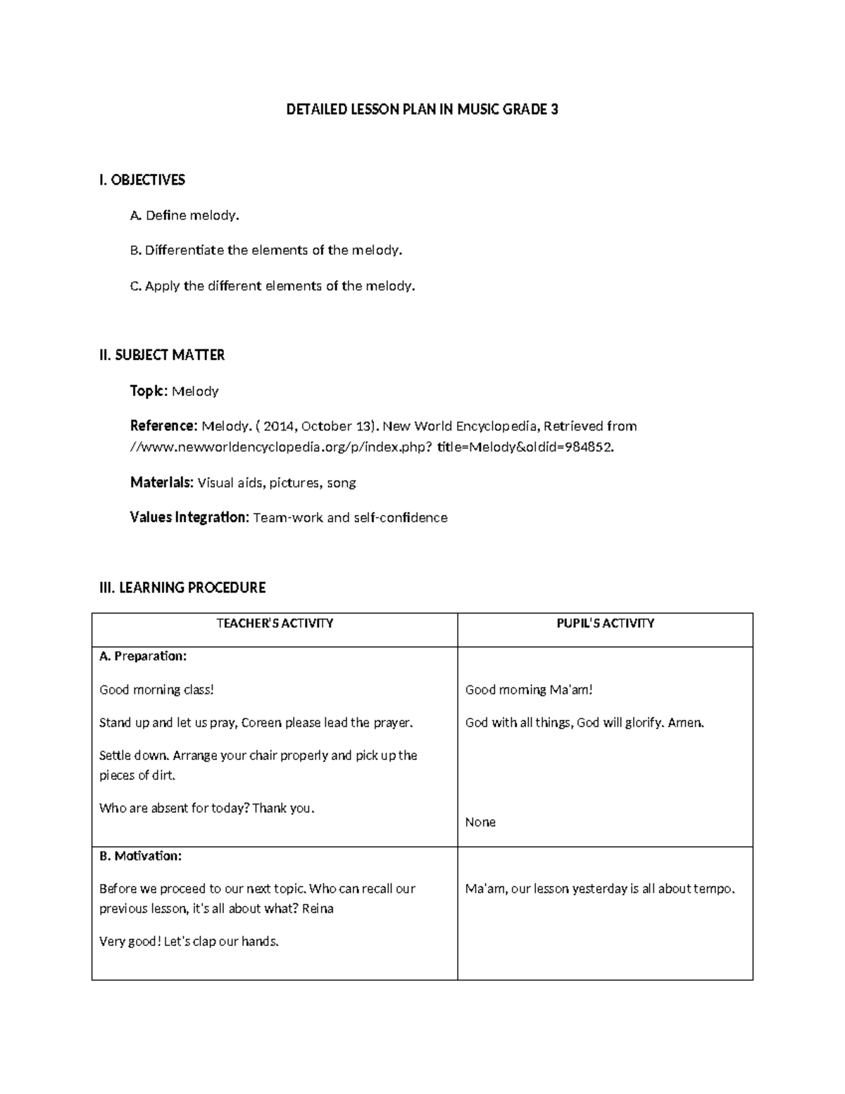 Detailed Lesson Plan: Understanding Melody in Music 3 - Studocu
