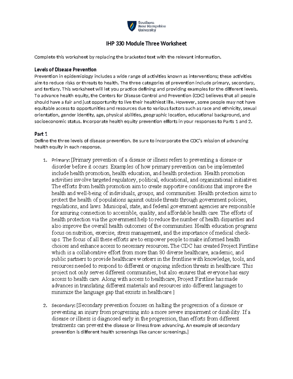 IHP 330 Module Three Worksheet complete - Levels of Disease Prevention ...