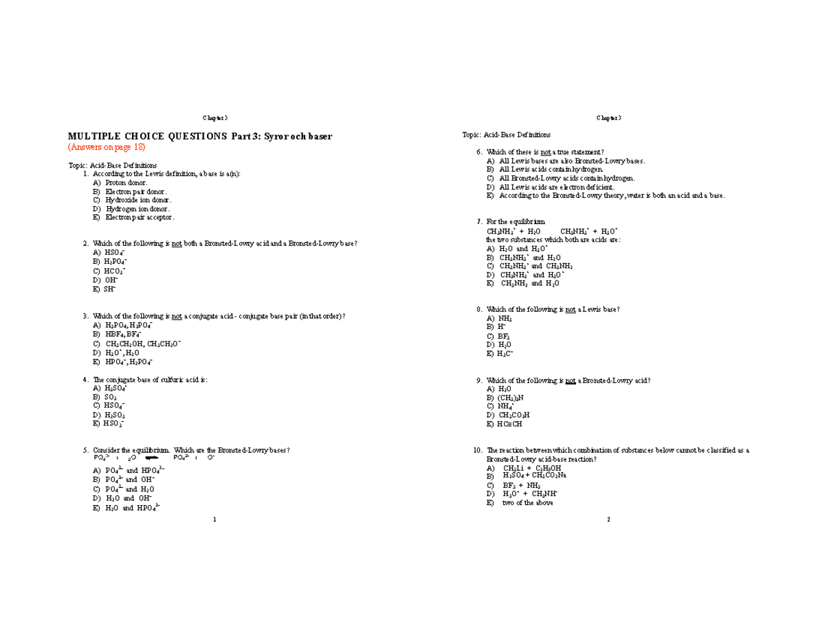 Chapter 3: Multiple Choice Questions on Acids and Bases (A3) - Studocu