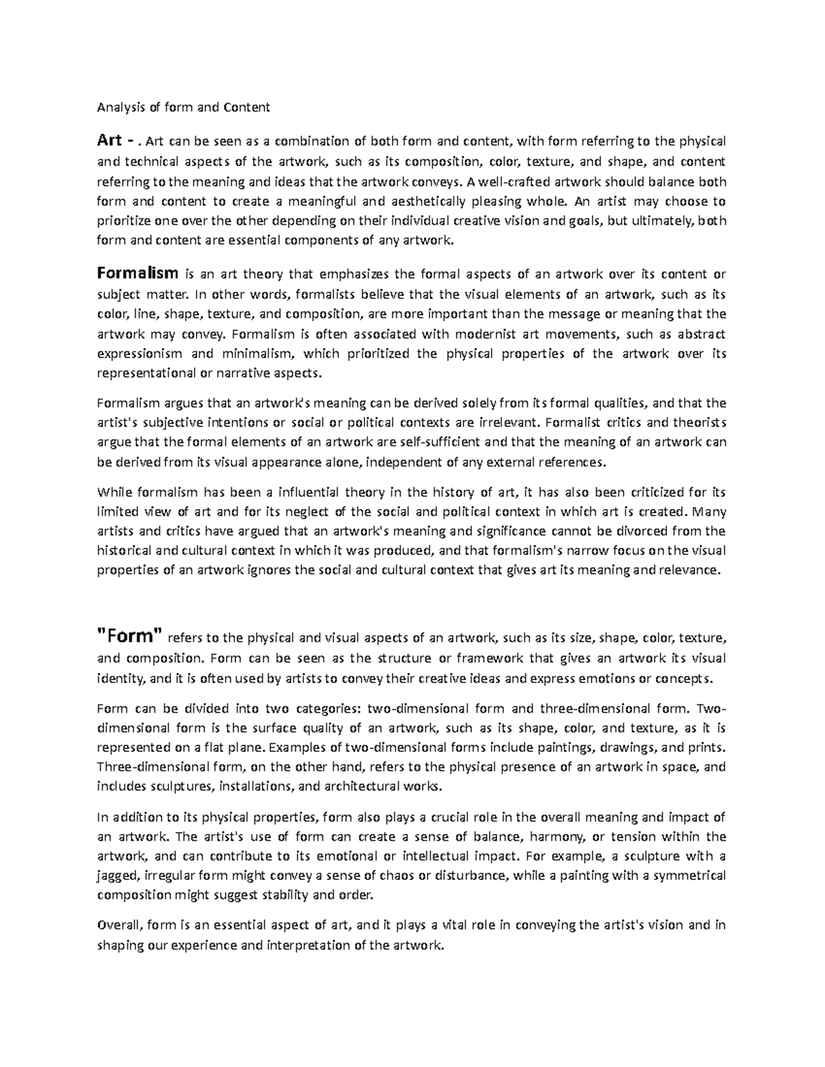 Analysis of form and Content - Art can be seen as a combination of both ...
