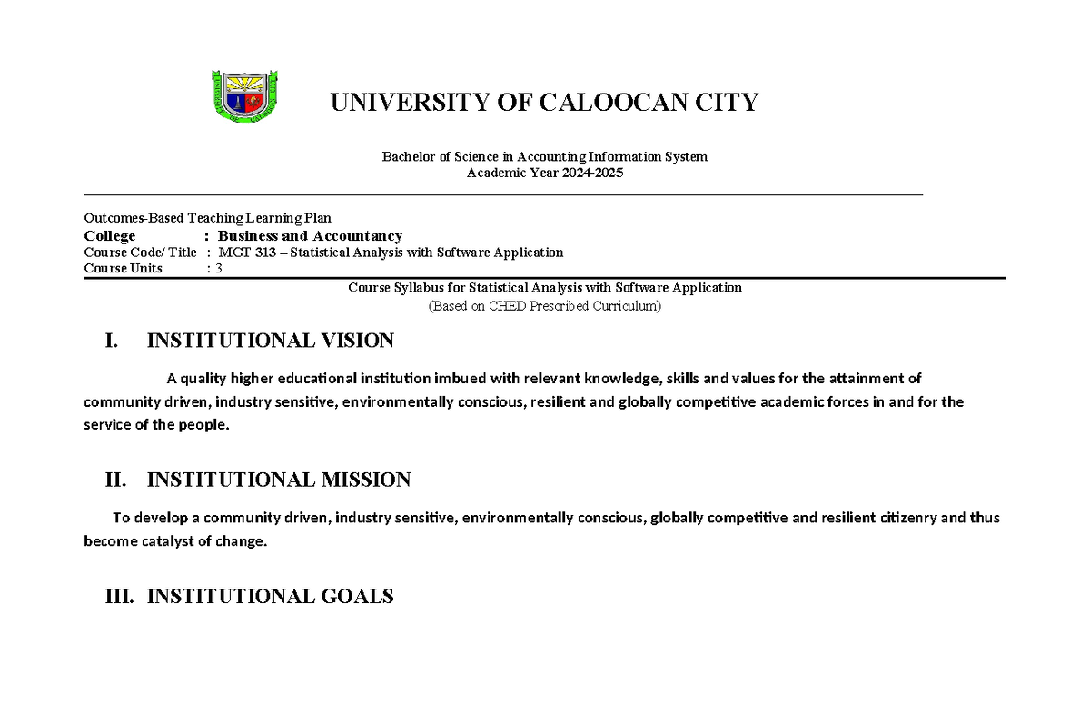 MGT 313 - Statistical Analysis with Software Application Syllabus - Studocu