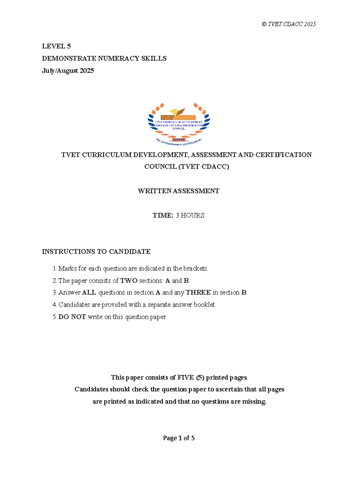 TVET CDACC 2025 Level 5 Numeracy Skills Written Assessment - Studocu