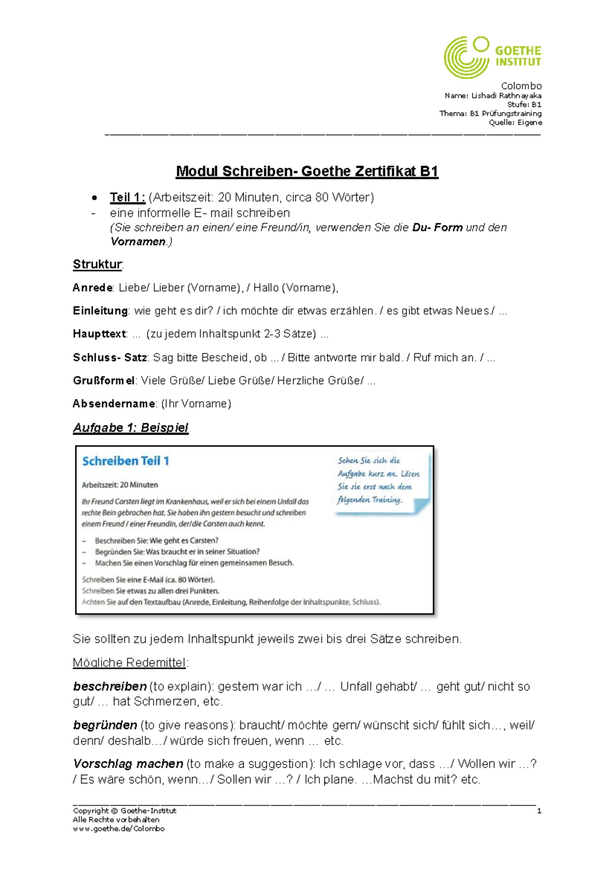 Goethe Prüfung B1 - Schreiben Teil 2: Strategien und Tipps - Studocu