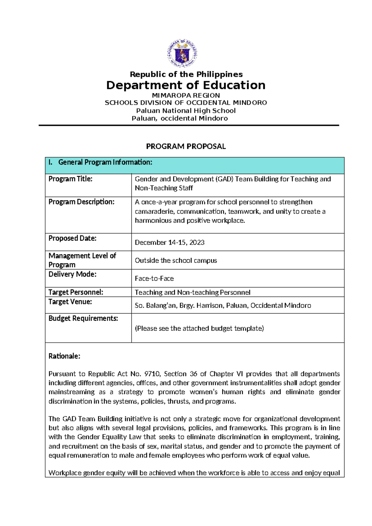 GAD Team Building Program Proposal for School Staff (Dec 2023) - Studocu