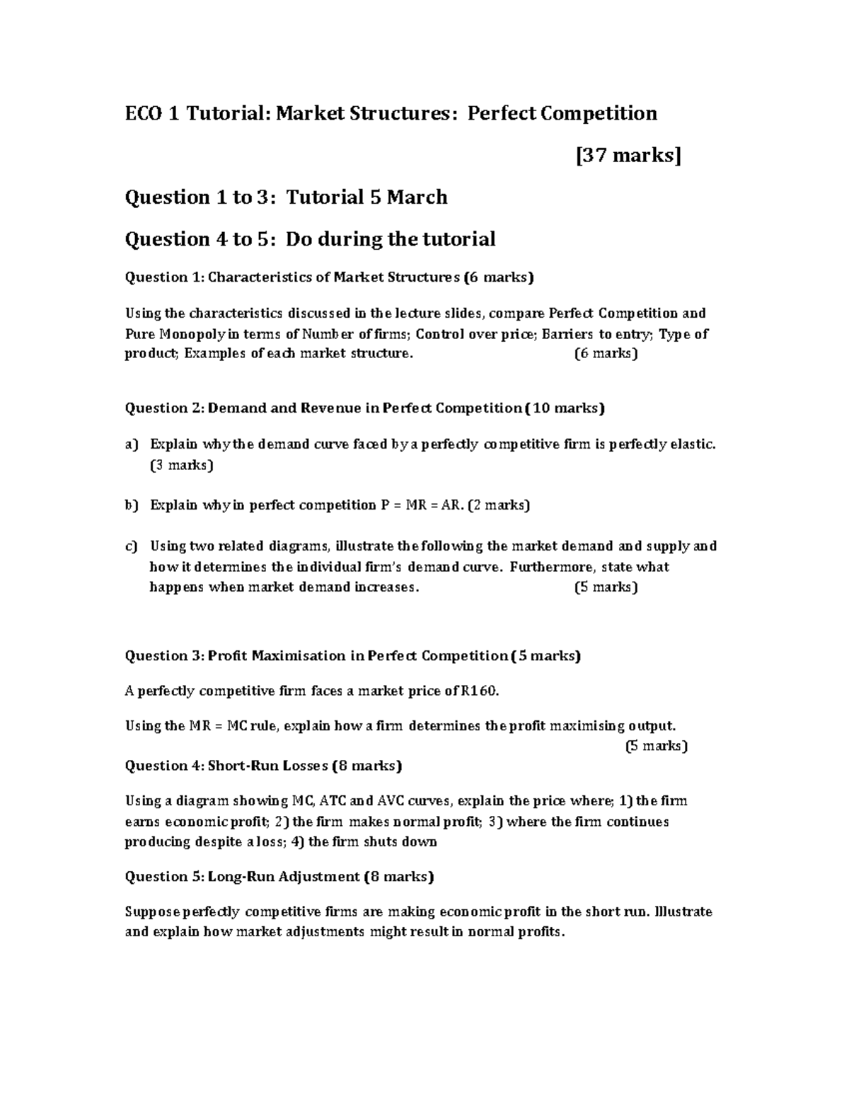 ECO 1 Tutorial: Analyzing Market Structures in Perfect Competition ...
