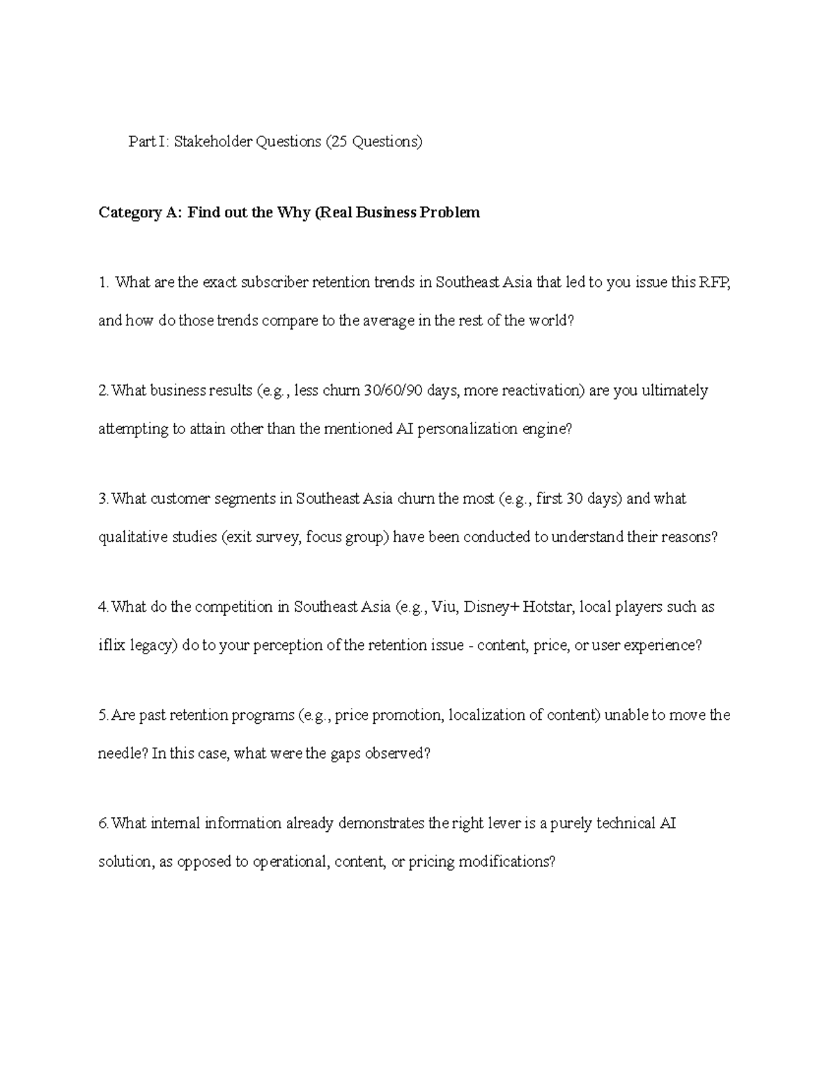 Stakeholder Questions & Metrics for Subscriber Retention in SEA (MKT ...