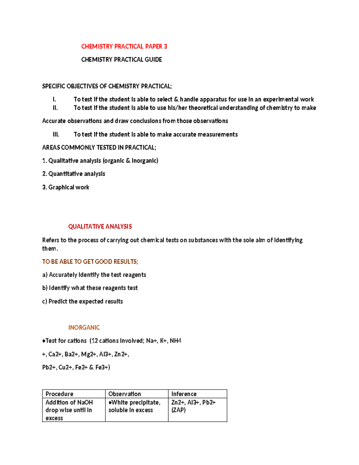 CHEMISTRY P3 FINAL EXAM NOTES: PRACTICAL GUIDE & OBSERVATIONS - Studocu