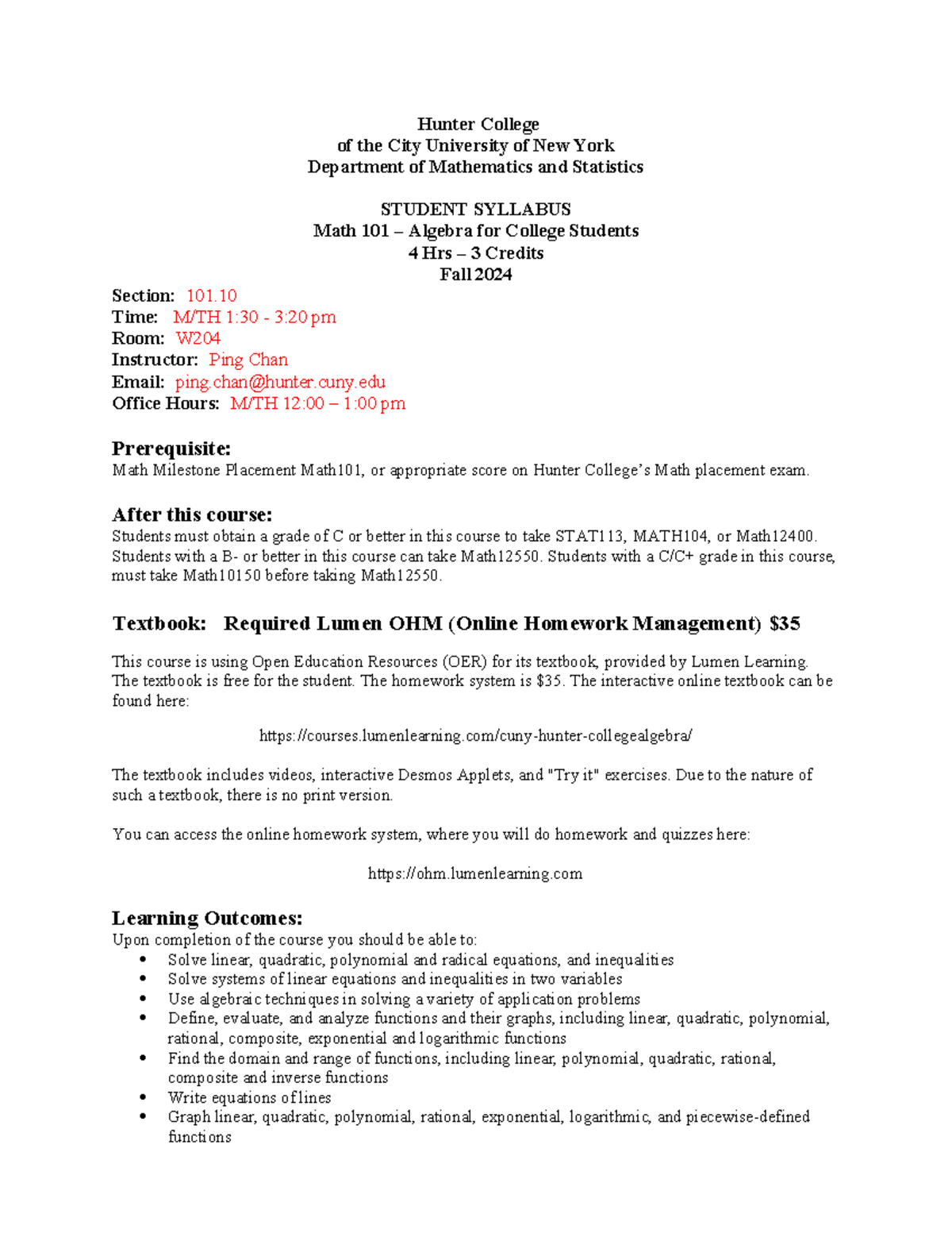 Math 101.10 Student Syllabus: Algebra for College Students Fall 2024 ...