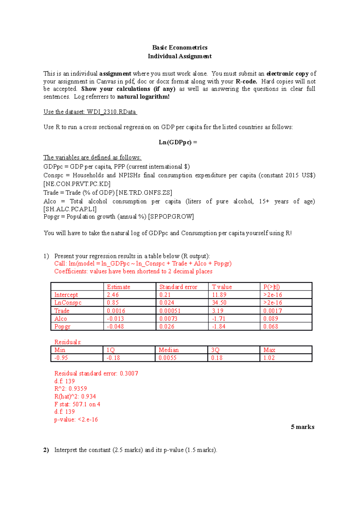 Basic Econometrics Individual Home Assignment ECON1066 2310 - Studocu