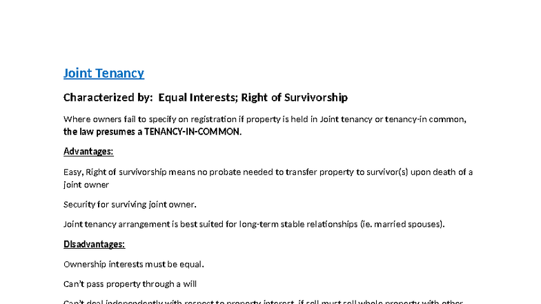 Tenancy in Common vs. Joint Tenancy: Key Differences Explained - Studocu
